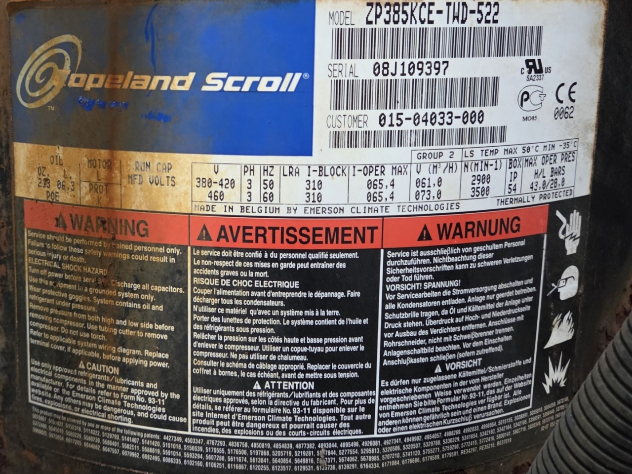 Used Copeland ZP385KCE-TWD-522 scroll compressor on Freon. | HOS BV